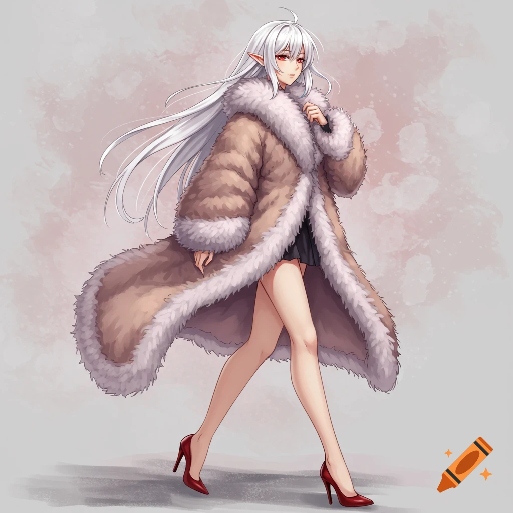Anime woman with white hair, red eyes, fur coat, and red high heels on ...