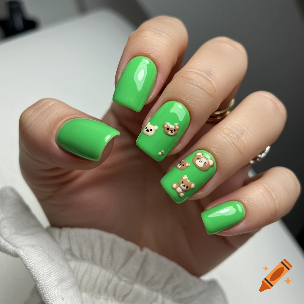 Short green gel nails with cute design on Craiyon