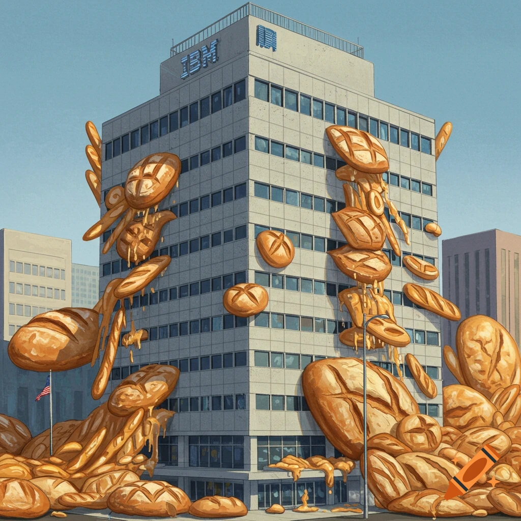 An office building overflowing with loaves of bread flying out of it ...