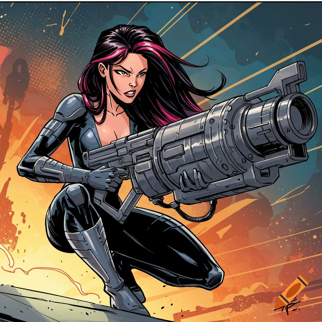 Comic book illustration of a female superhero with black hair and pink highlights holding a ...