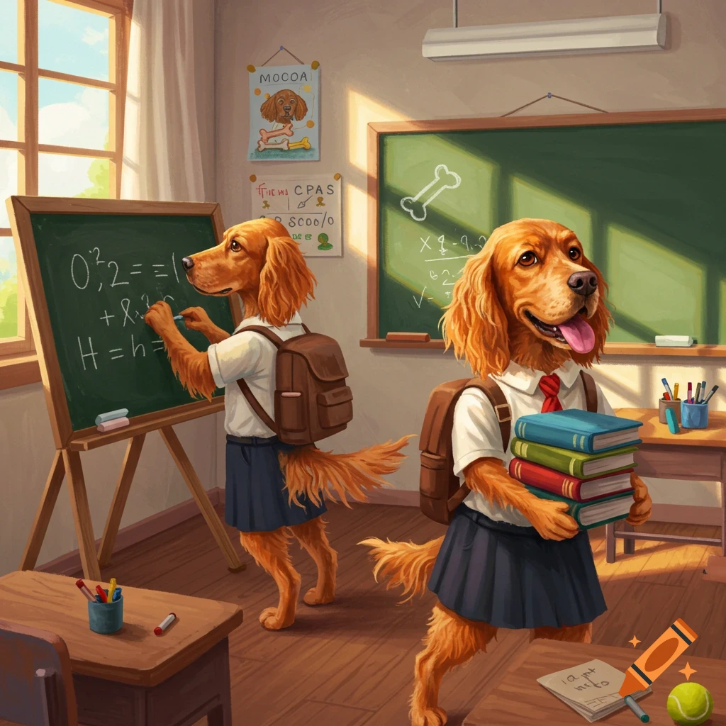 Two dogs in school uniforms in a classroom, one writing on a blackboard ...