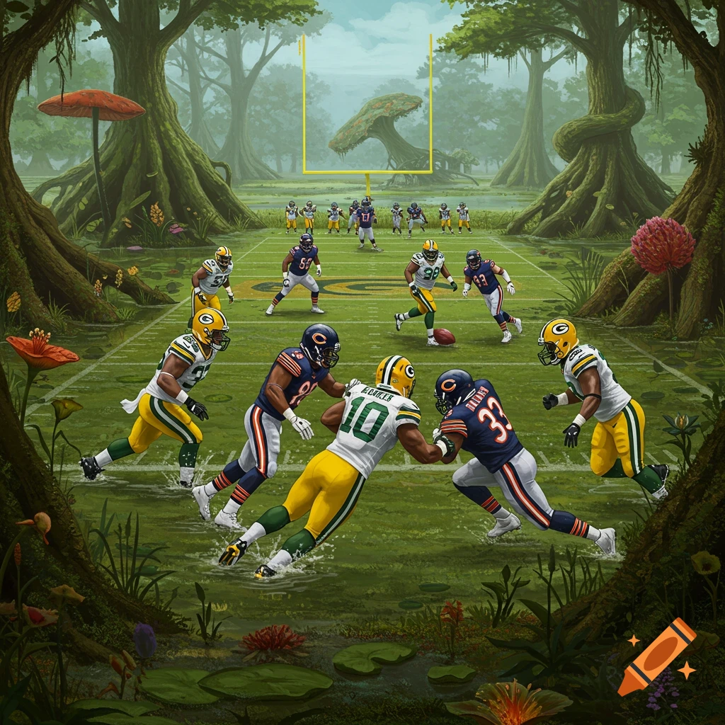Fantasy scene of a football game between teams resembling the Packers ...