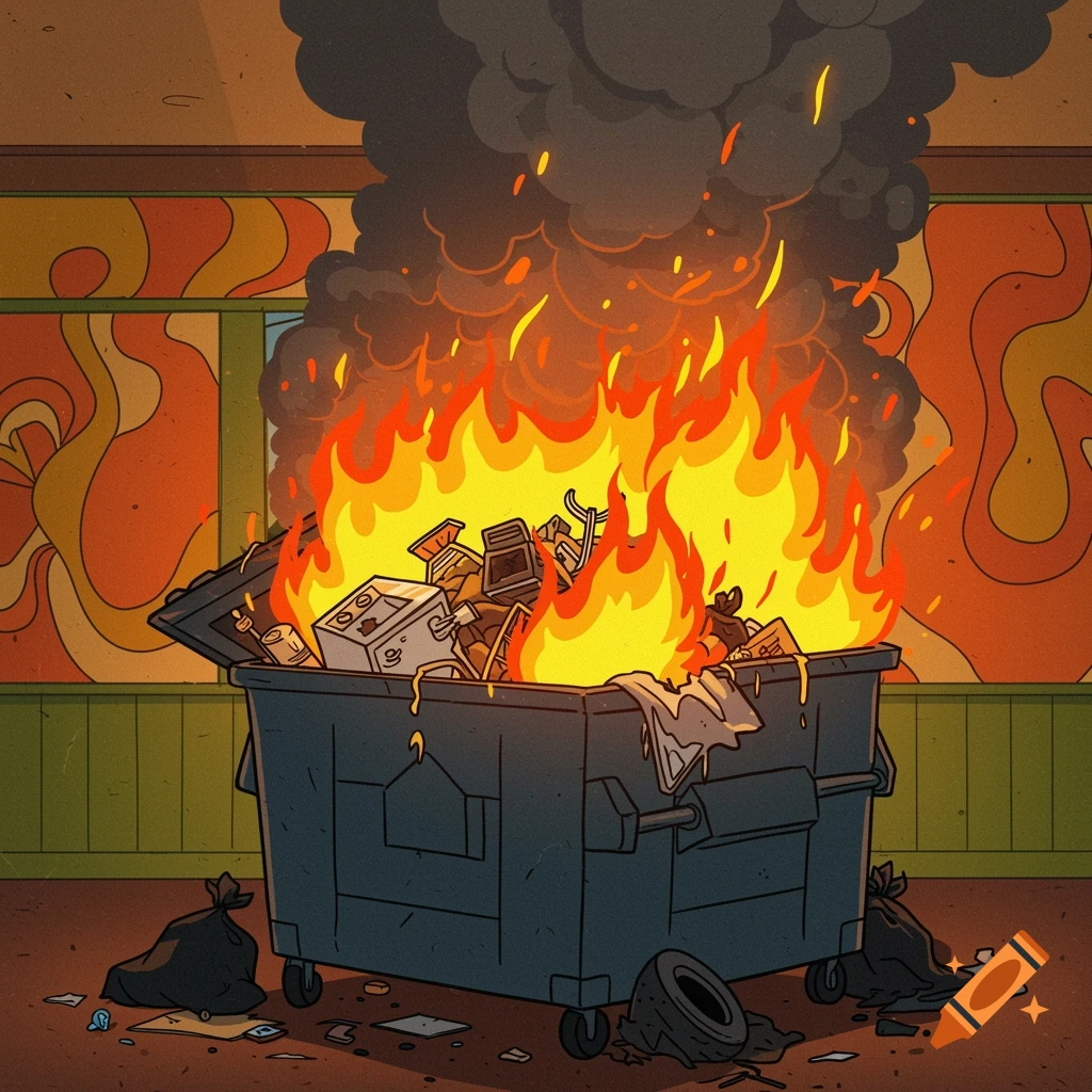 Cartoon garbage dumpster fire in a 70s style on Craiyon