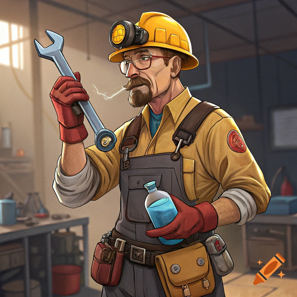 Cartoon character resembling Walter White dressed as the TF2 Engineer ...