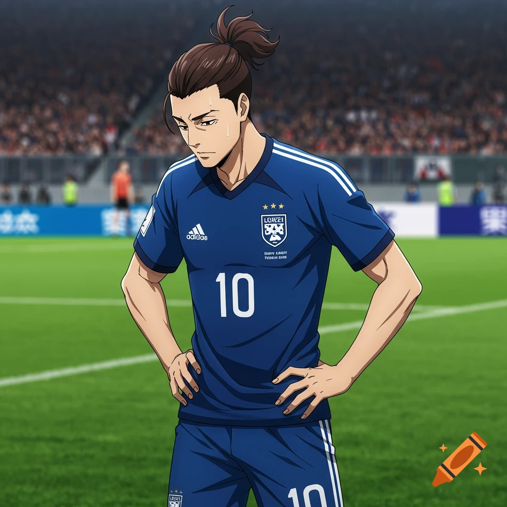 Anime style image of a young man in a blue soccer uniform with number ...