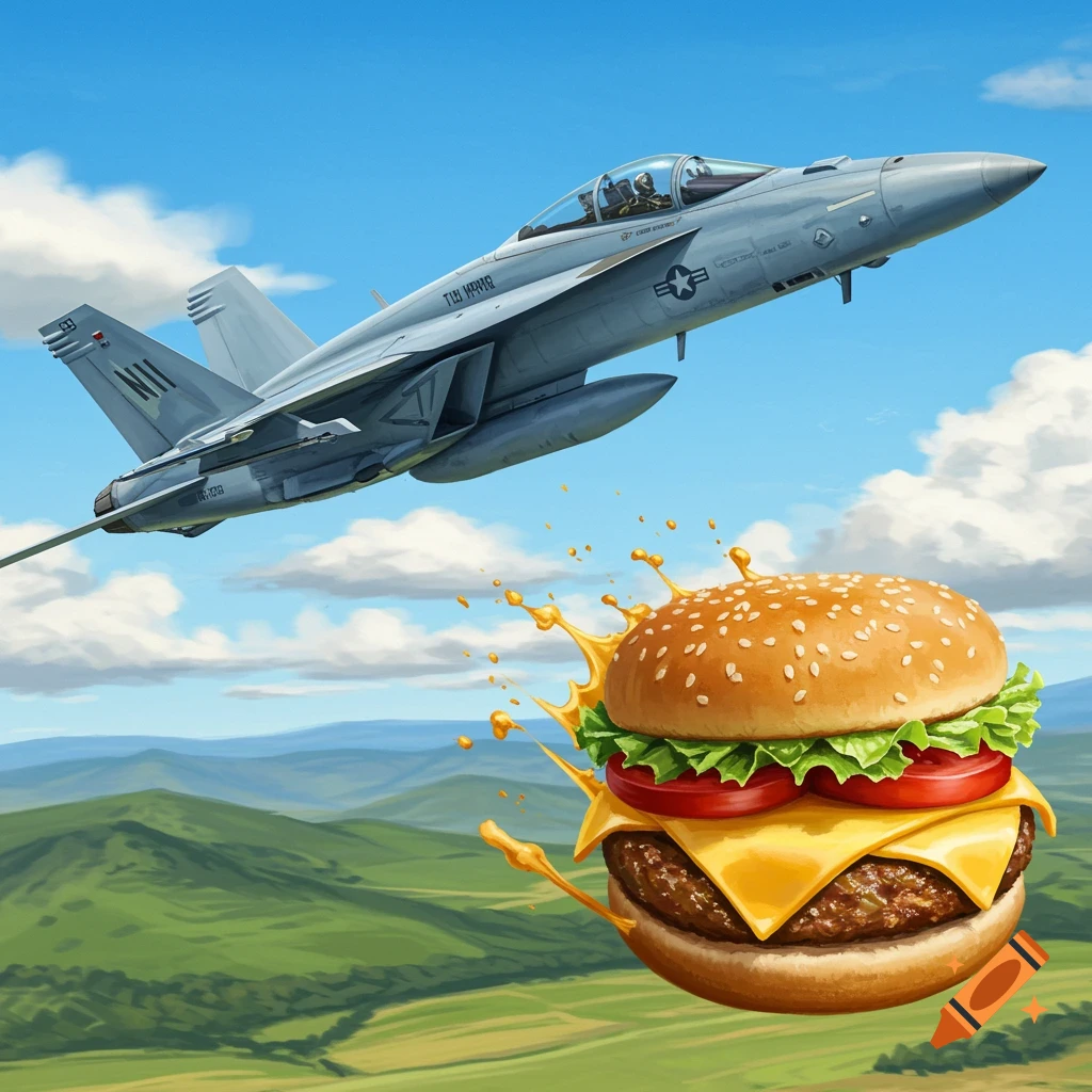 A fighter jet flies over a green landscape with a giant burger below it ...