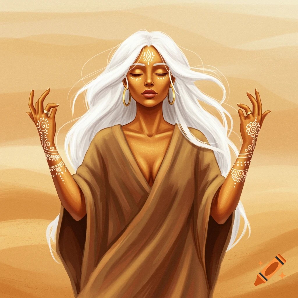 An illustration of a woman depicted as a saint, looking up at a starry ...