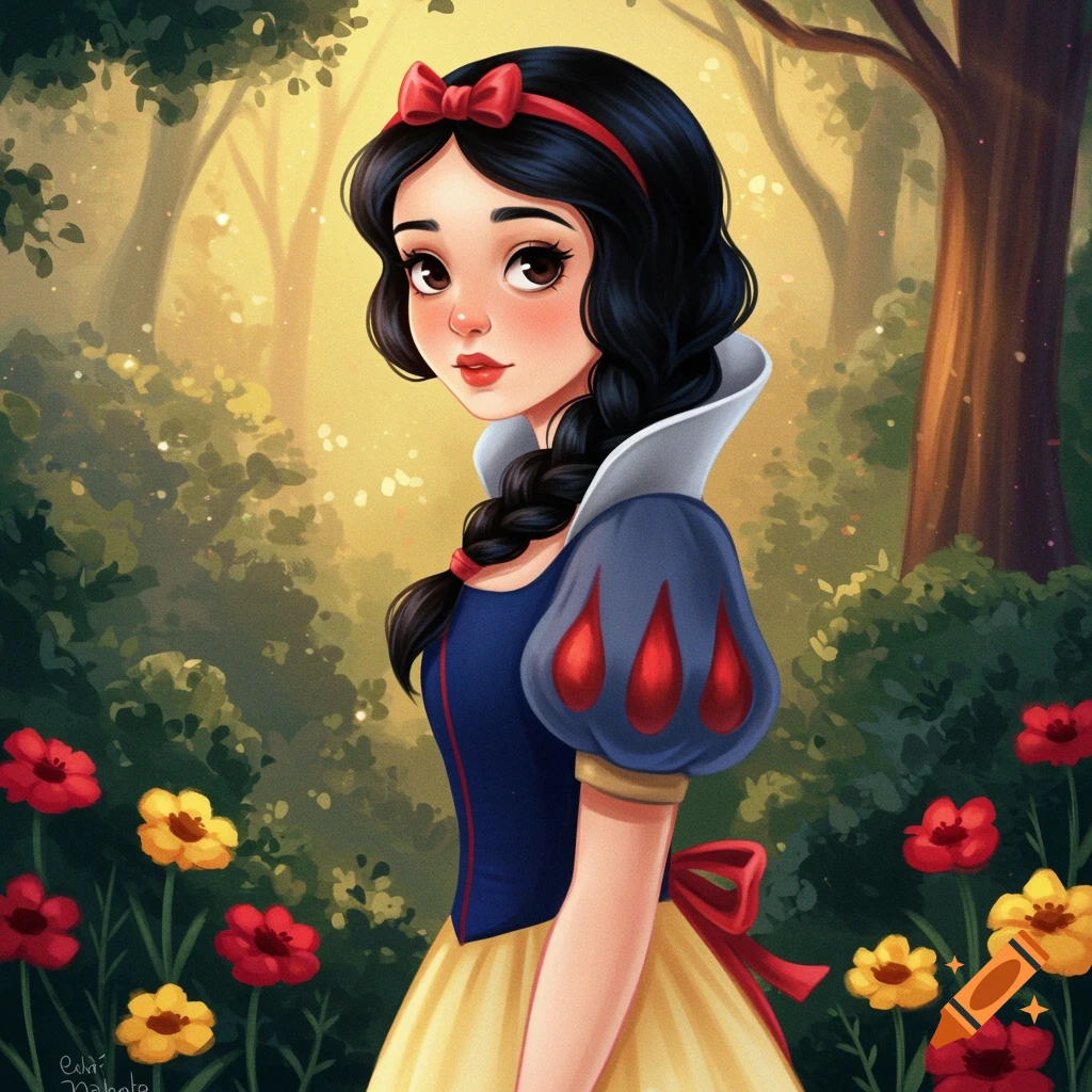 Cartoon illustration of Snow White in a forest holding a red apple. on ...