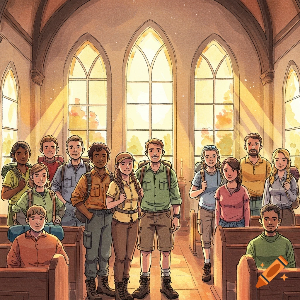 Watercolor ink illustration of Adventist adventurers in church on Craiyon