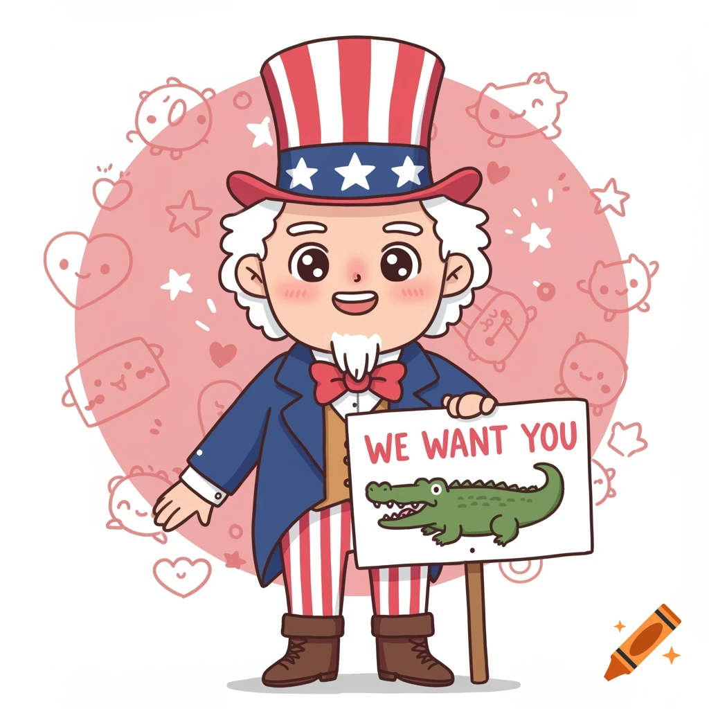 Cute cartoon Uncle Sam holds a 'WE WANT YOU' sign with an alligator. on ...