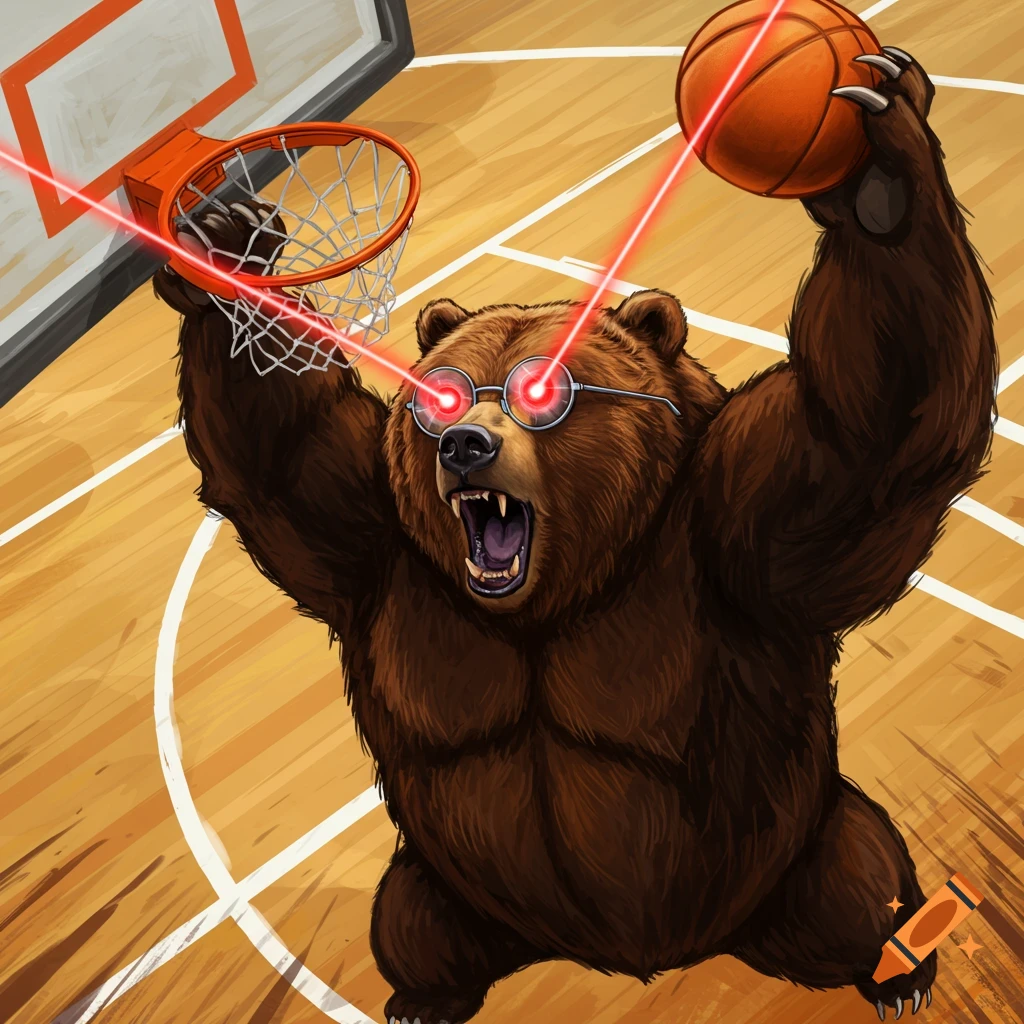 A bear with glasses and laser eyes dunks a basketball on a court. on ...