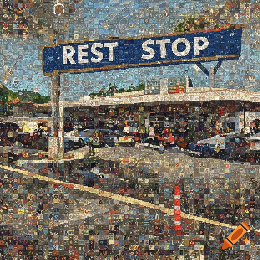 A mosaic image of a rest stop sign above a building and parking lot. on ...