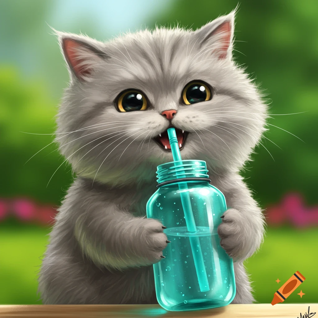 Cute fluffy grey cat drinking from a teal bottle with a straw ...
