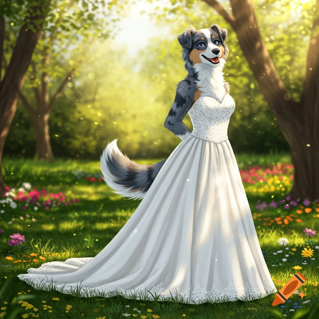 Anthropomorphic Australian Shepherd dog in a white wedding dress stands ...