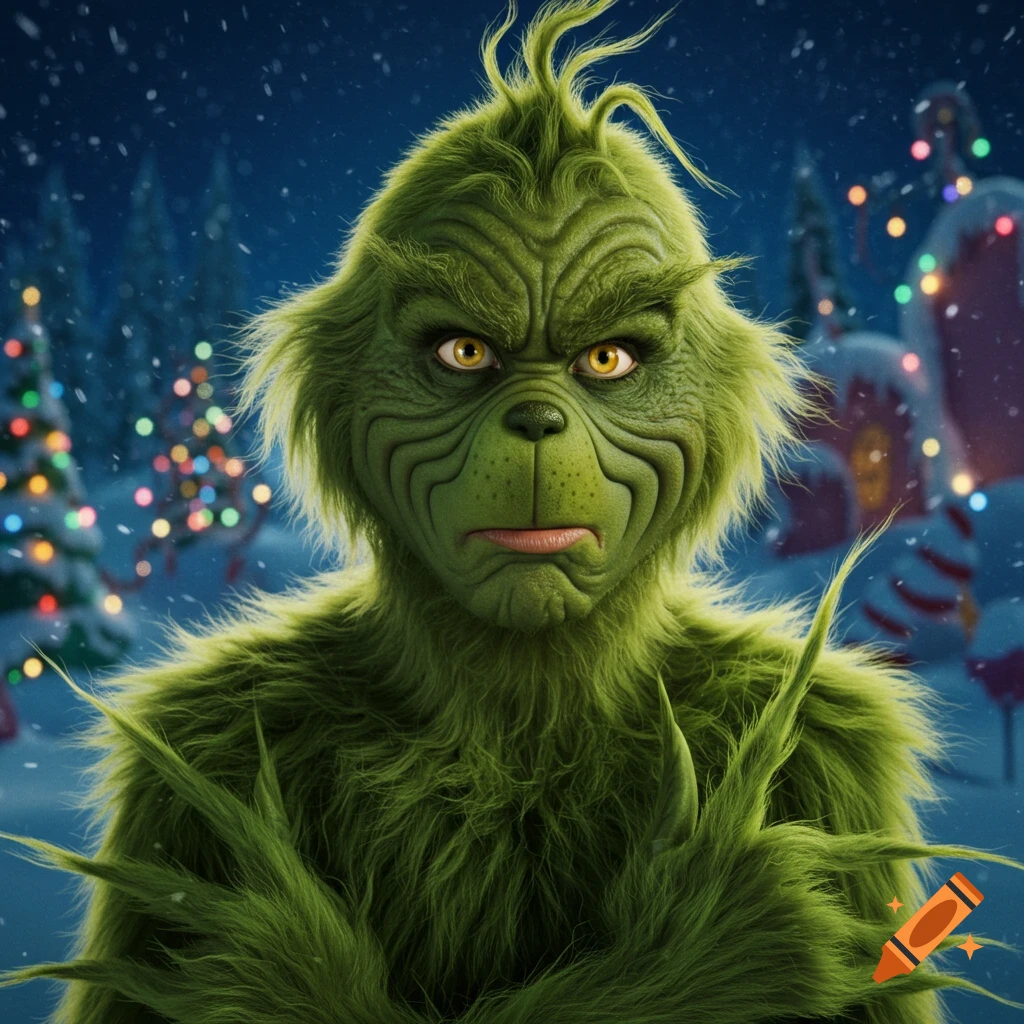 The Grinch in a Santa suit stands on a snowy cliff overlooking a village, holding a red bag. on ...