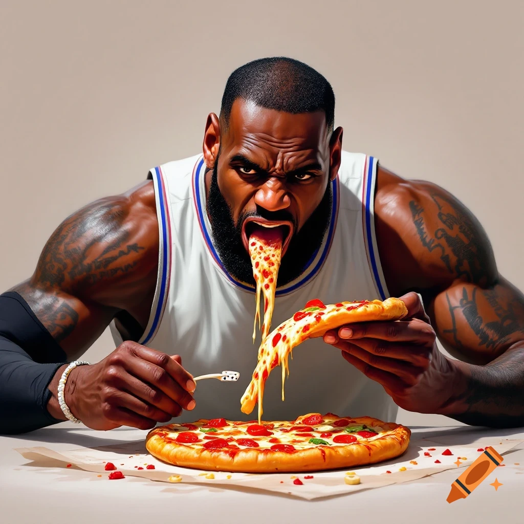Muscular man intensely eats a slice of pizza with melted cheese dripping from his mouth, holding ...