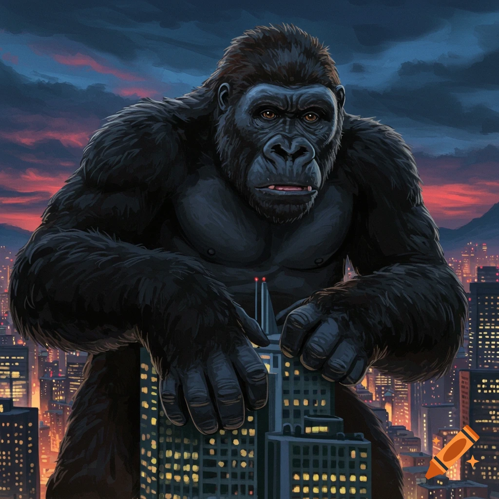 Illustration of a giant gorilla (King Kong) towering over and holding a ...