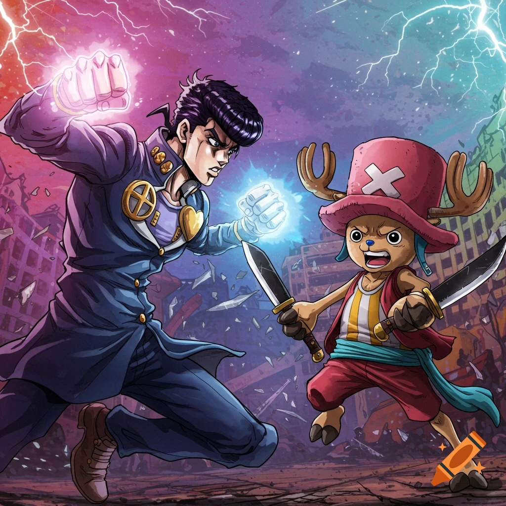 Joskue from JJBA fighting Chopper from One Piece on Craiyon