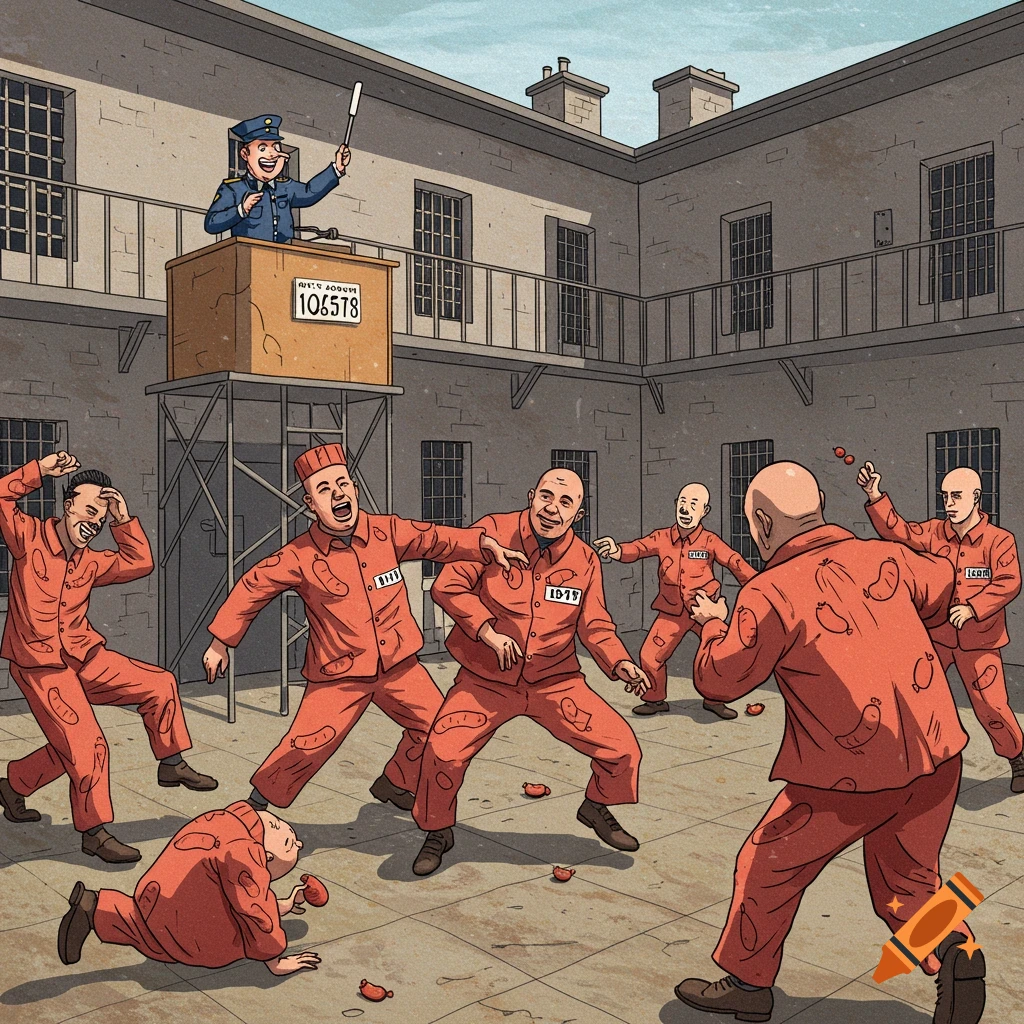 People in prison outfits dancing with sausages. on Craiyon