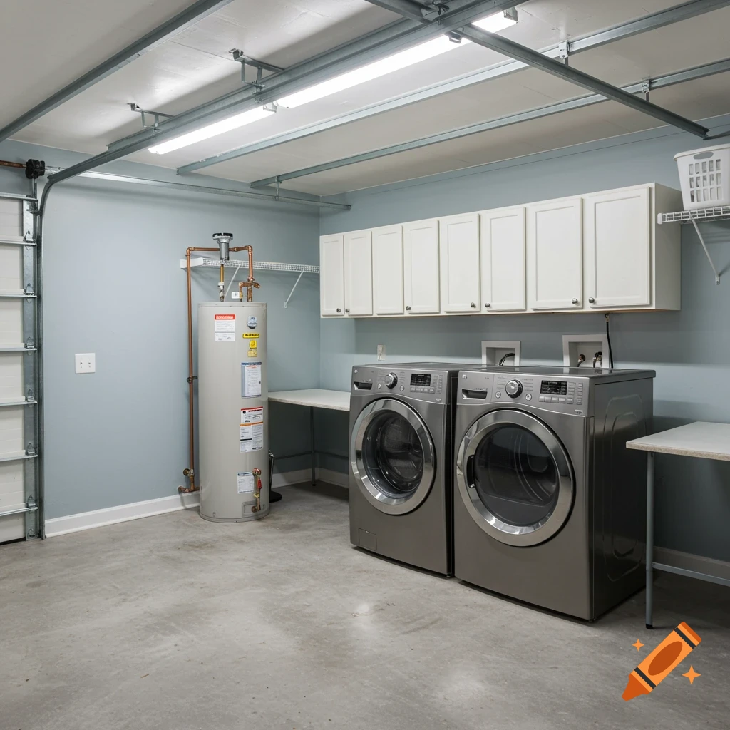 Laundry room in a garage with washer, dryer, and water heater on Craiyon