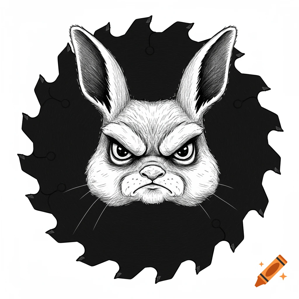 Grump rabbit face on a saw blade in black and white on Craiyon