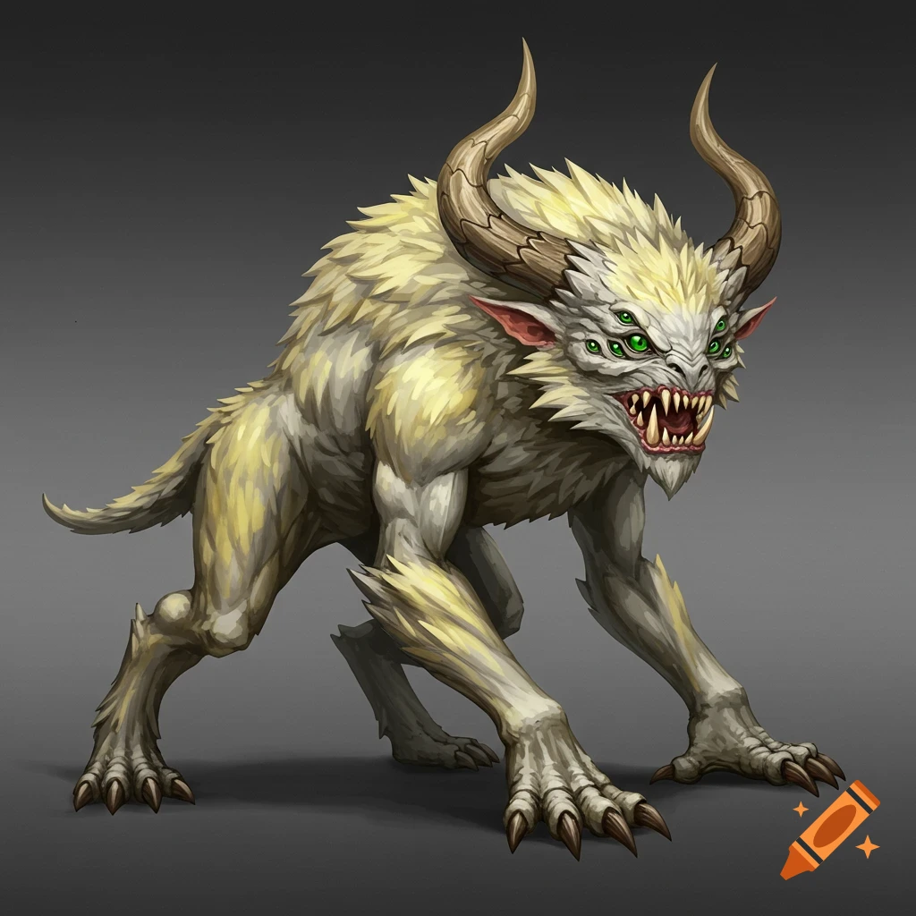 A furry monster with two horns, four green eyes, sharp teeth, and ...