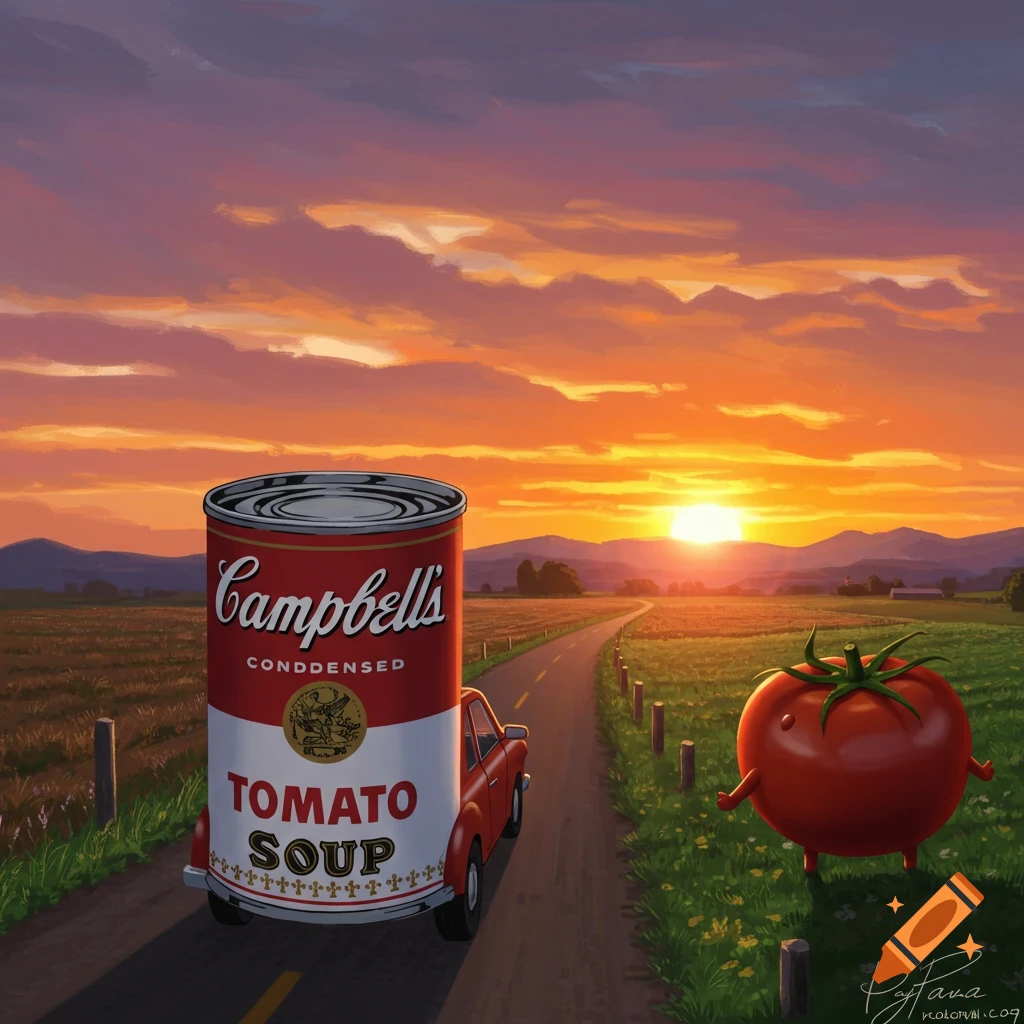 Landscape with Campbell's soup can car driving towards a tomato sunset ...