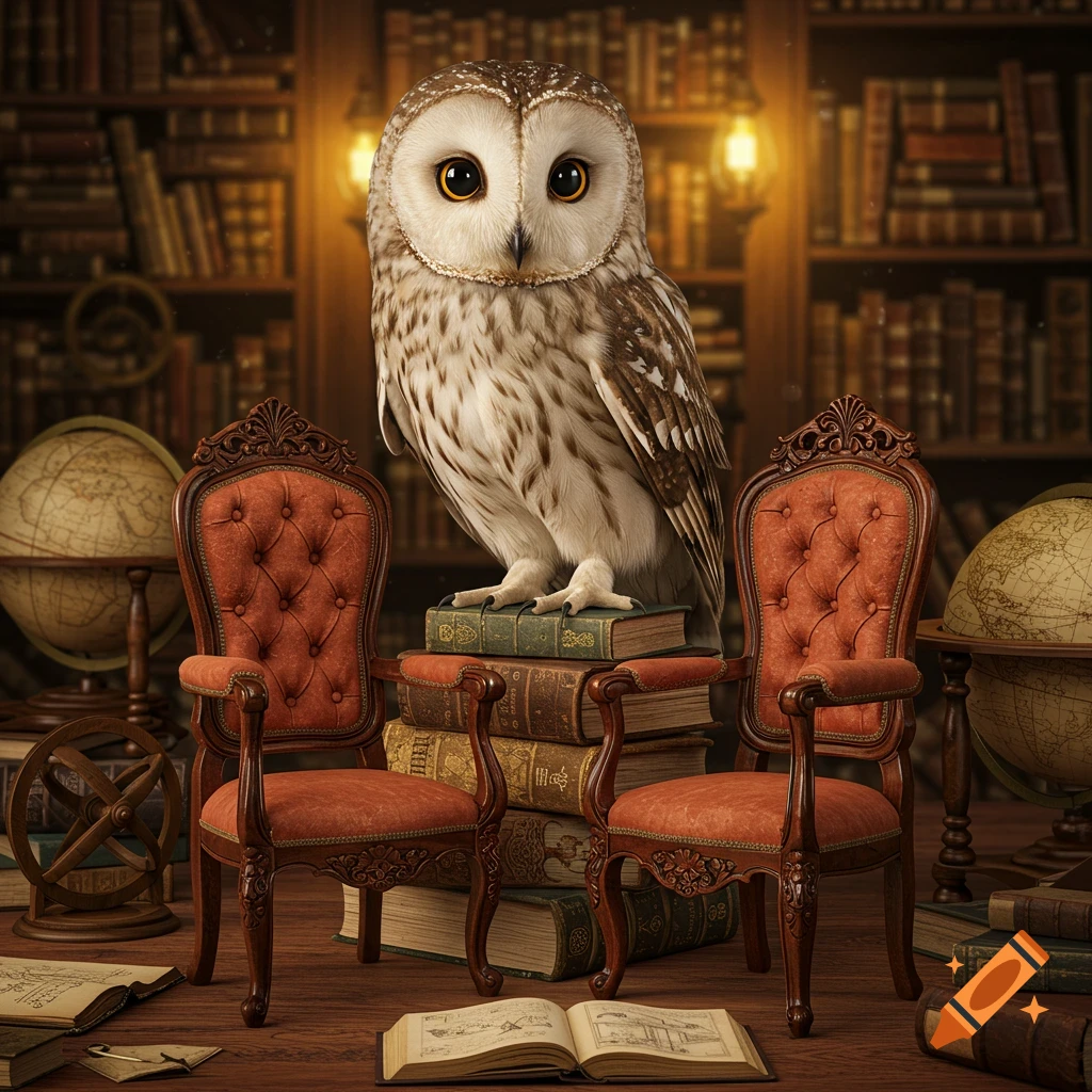 A photorealistic owl perches on books between antique chairs in a ...