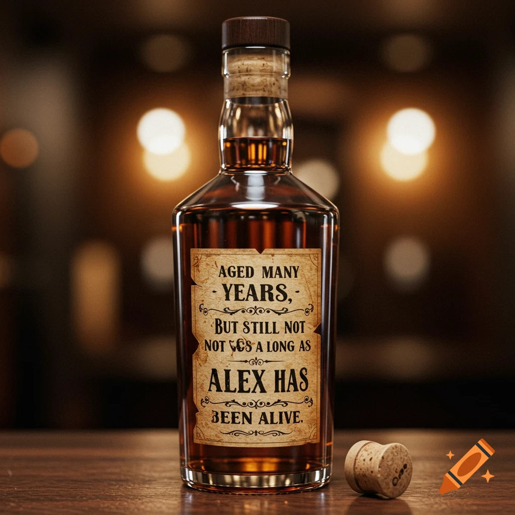 Whisky bottle with a humorous age-related label on Craiyon