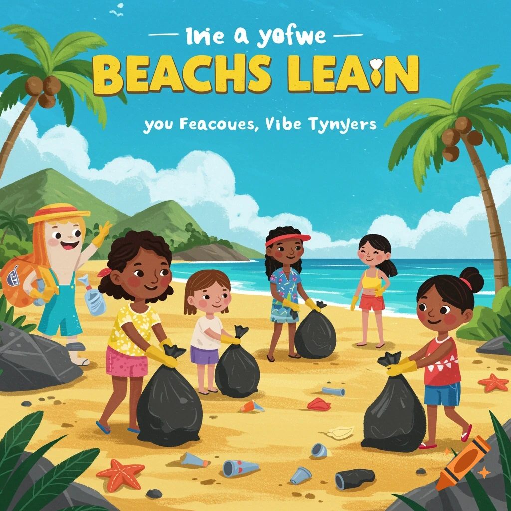 Cartoon of people cleaning beaches on Craiyon