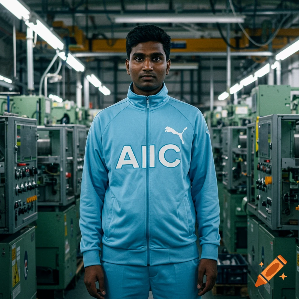 Factory worker in light blue Puma tracksuit with "aic" logo on Craiyon