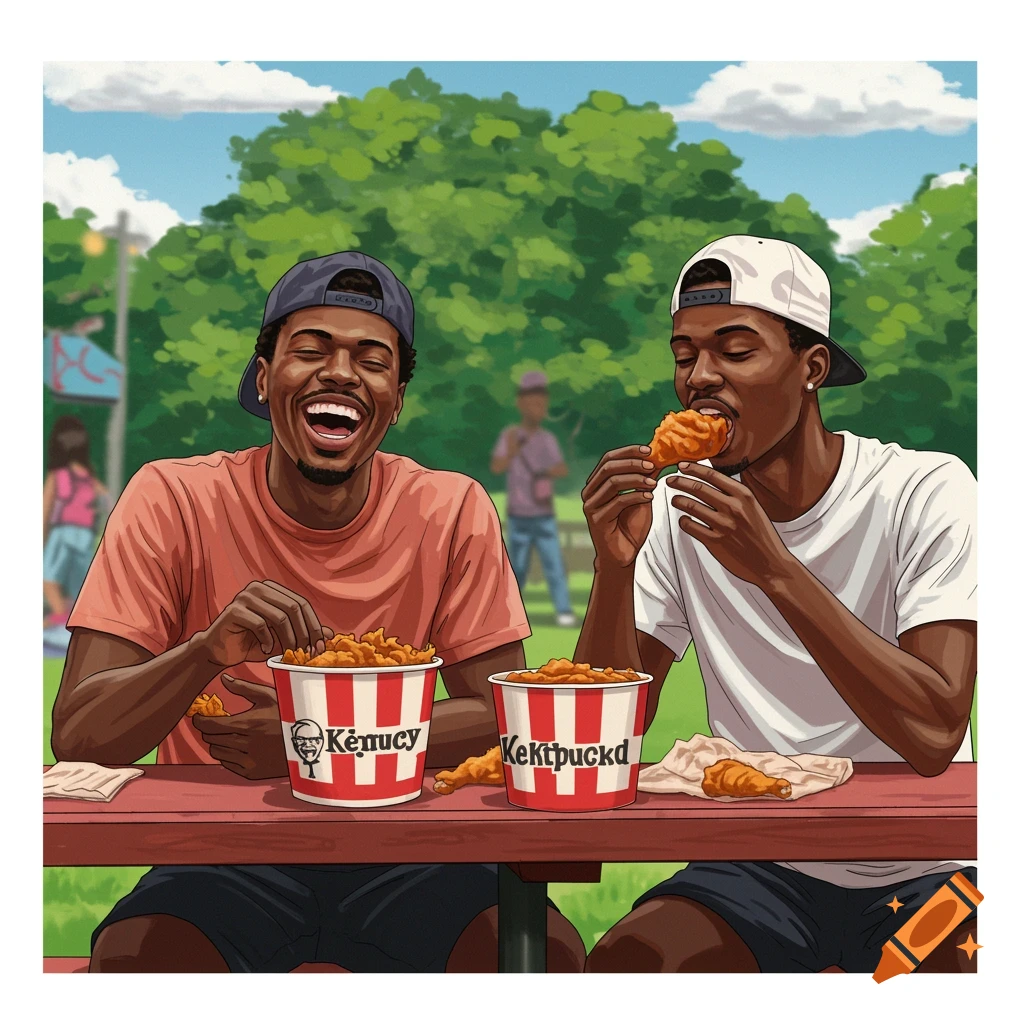 Two Black men eating fried chicken from buckets at an outdoor table in ...