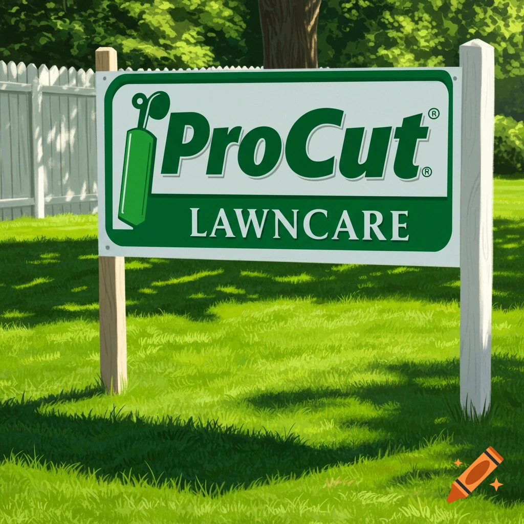 A sign for ProCut Lawncare is posted in a sunny green yard with a fence ...
