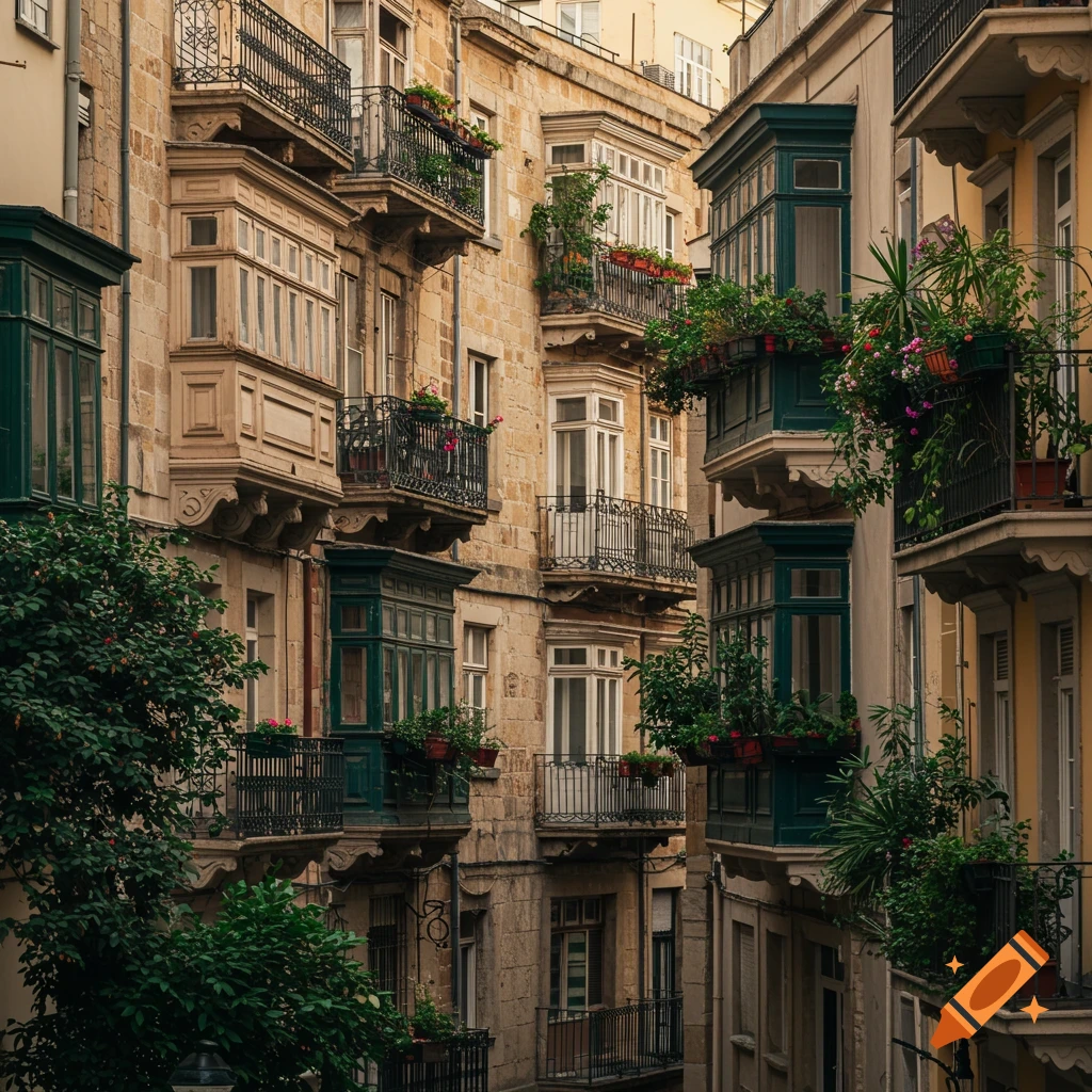 Photo realistic balconies on old European buildings with plants and ...
