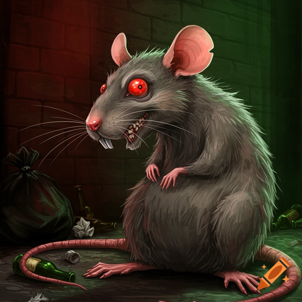 Stylized illustration of an aggressive black rat baring fangs and claws with red eyes, on a ...