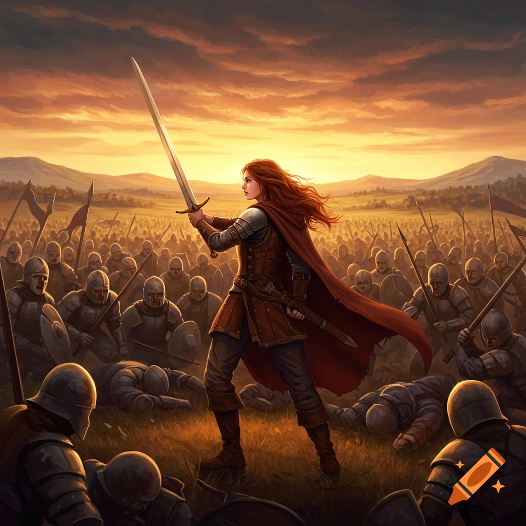 A female warrior stands over fallen soldiers, holding a sword high ...