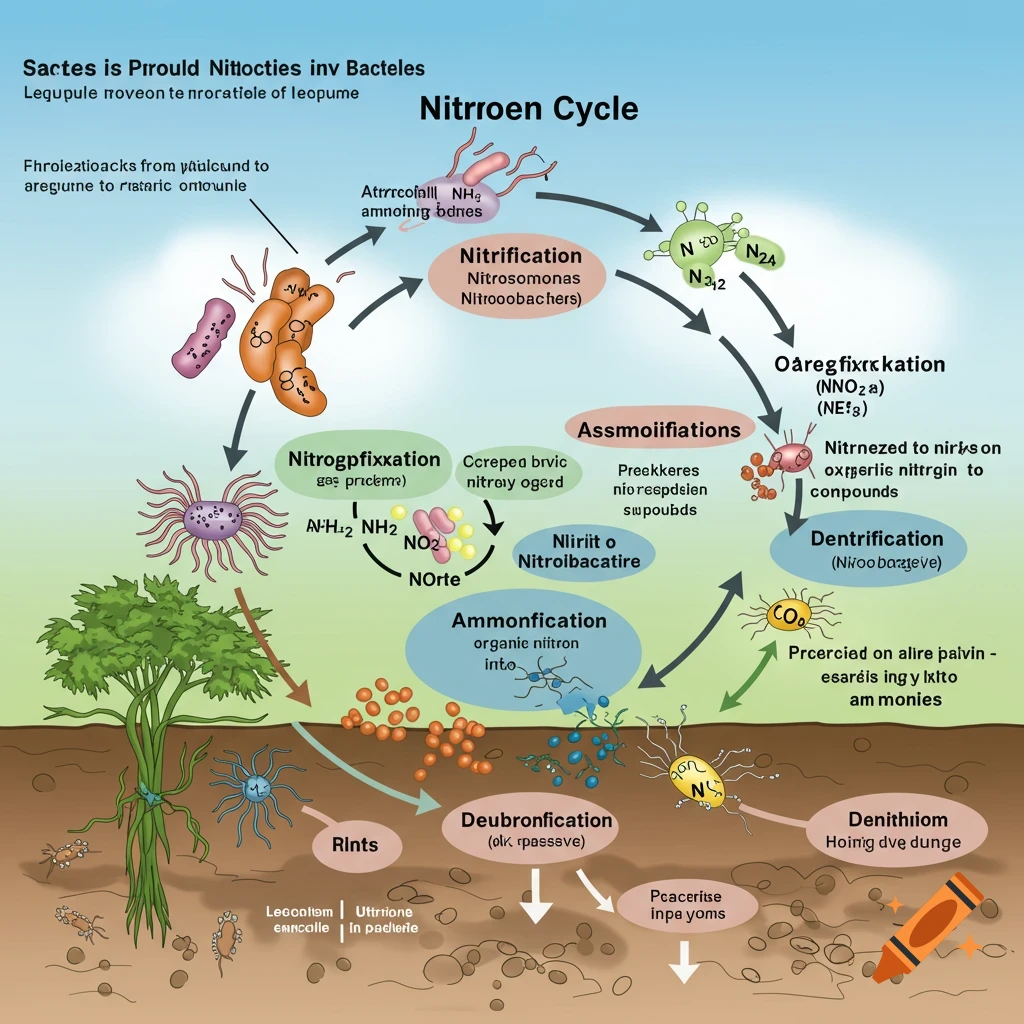 Nitrogen cycle diagram with bacteria on Craiyon