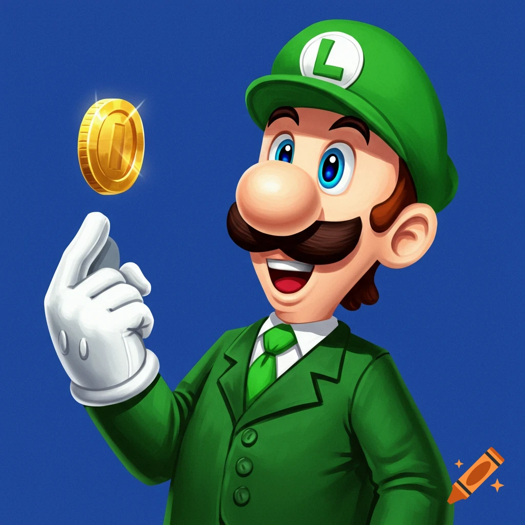 Cartoon illustration of Luigi in a suit flipping a gold coin in a ...