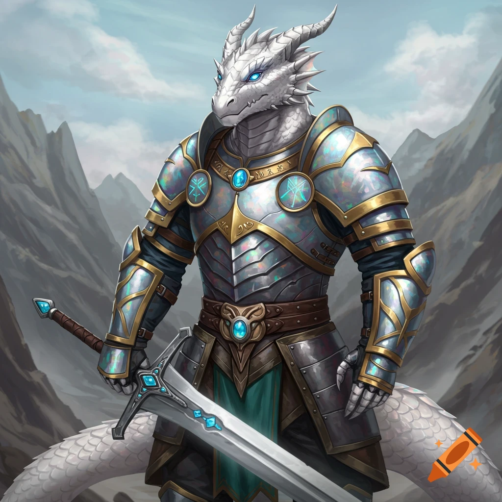 A white dragonborn warrior in detailed, iridescent armor holds a large ...