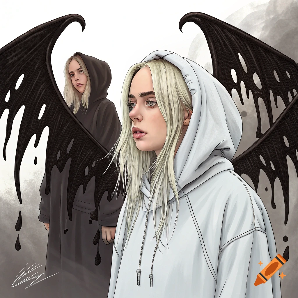 Billie Eilish as angel and demon with wings on Craiyon