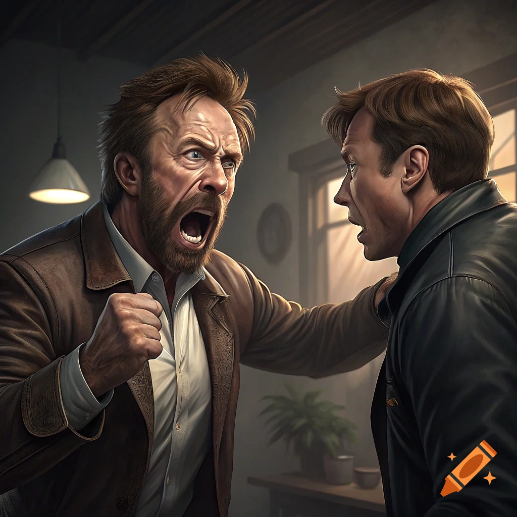 Two men arguing fiercely, one with a raised fist, in a dimly lit room ...