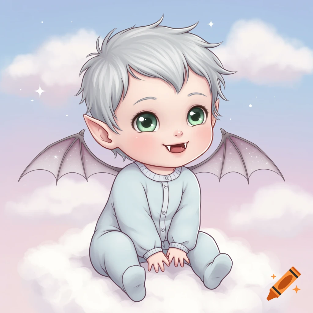 A cute cartoon baby vampire with gray hair, green eyes, and bat wings ...