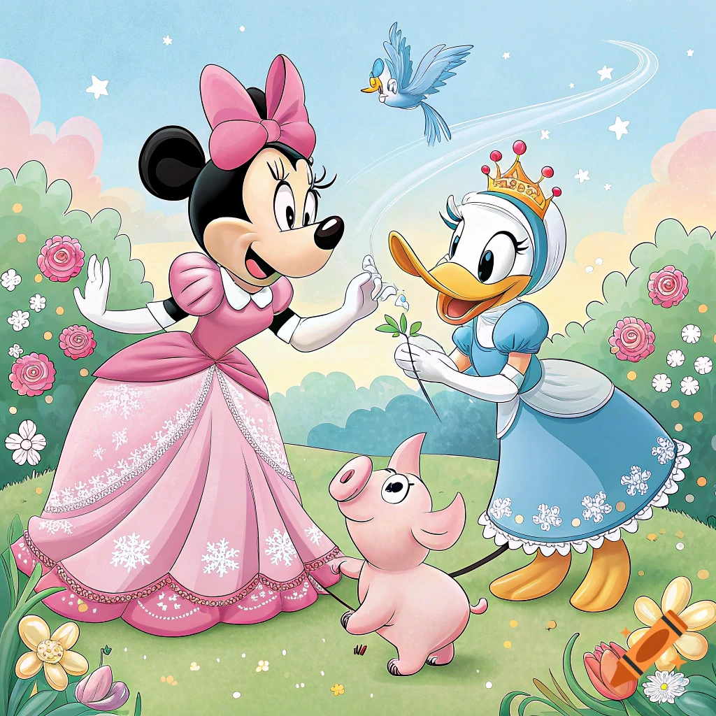 Minnie Mouse and Daisy Duck in princess dresses playing with a pig on ...