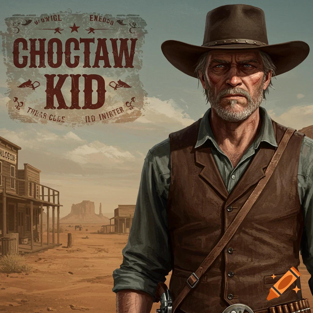 A cowboy in a hat and vest stands in a dusty western town with a text ...