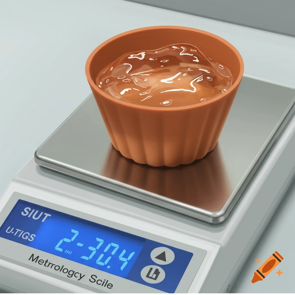 Muffin cup with clear gel being weighed on a lab scale on Craiyon