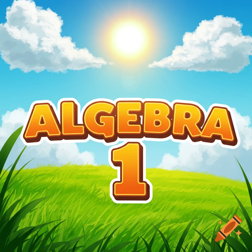 Stylized orange text 'ALGEBRA 1' over green grass and sunny sky. on Craiyon