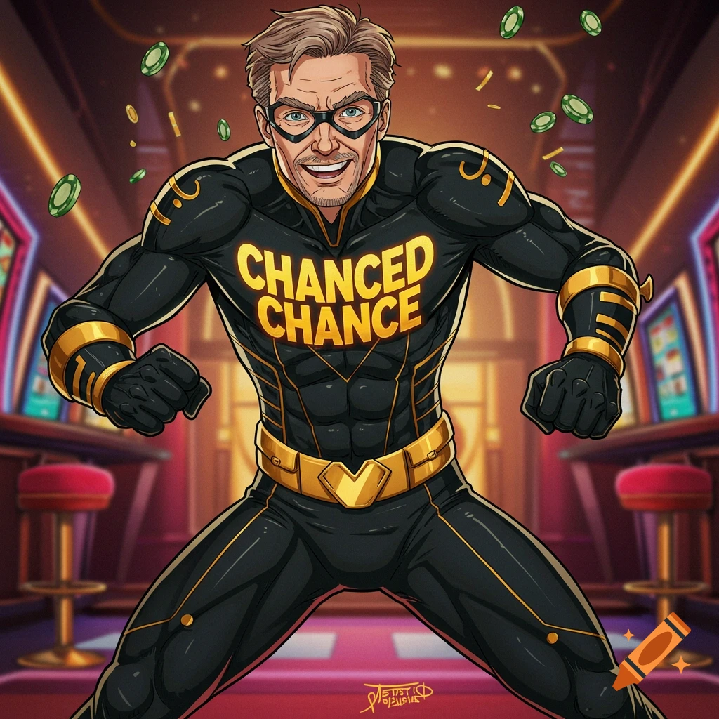 Chanced Chance, middle-aged superhero gambler with name on suit on Craiyon