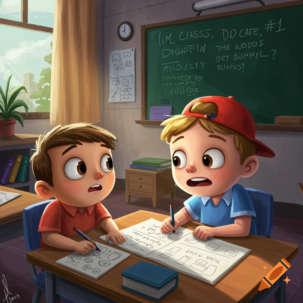 Two cartoon boys sit at desks in a classroom, looking surprised while ...