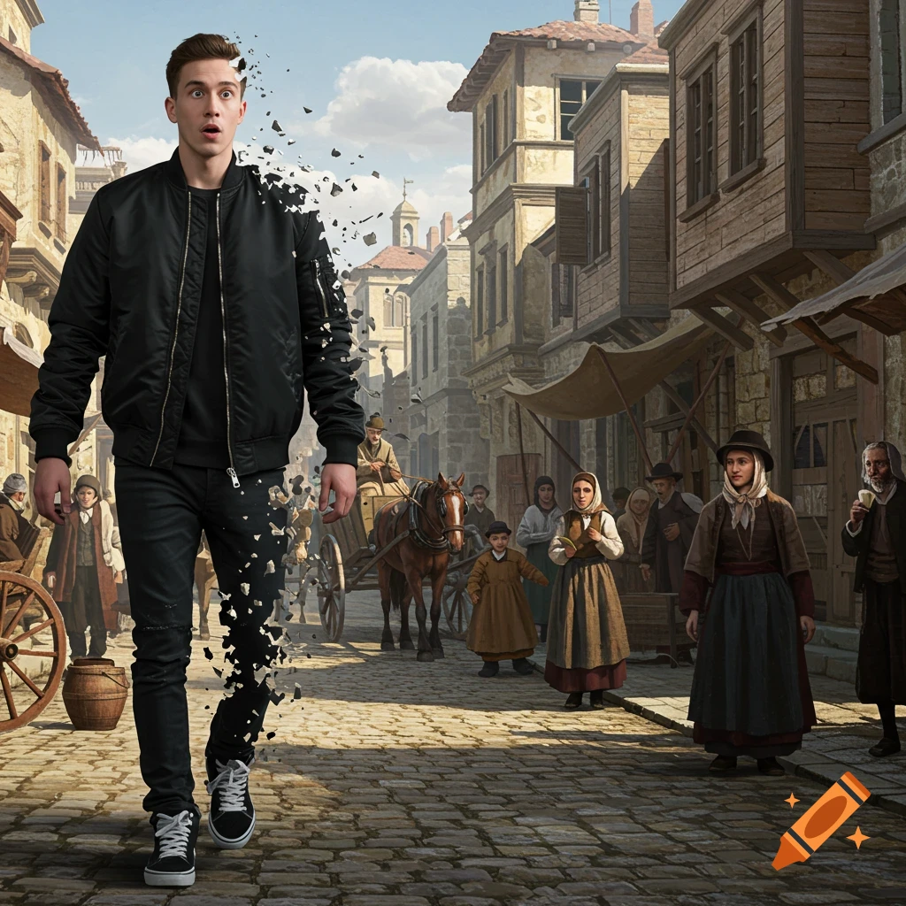 Modern person dissolving into particles while walking in a bustling ...