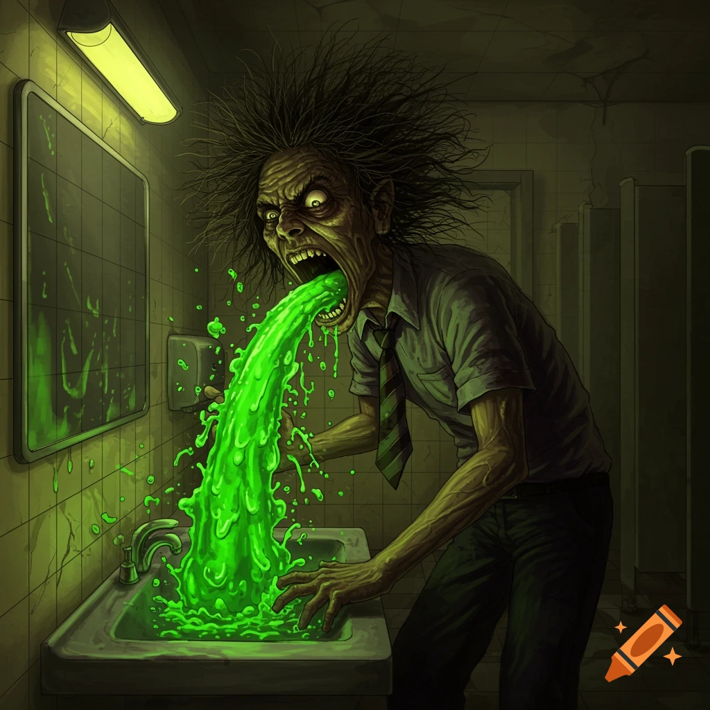 Scary teacher throwing up green stuff in bathroom roaring. on Craiyon
